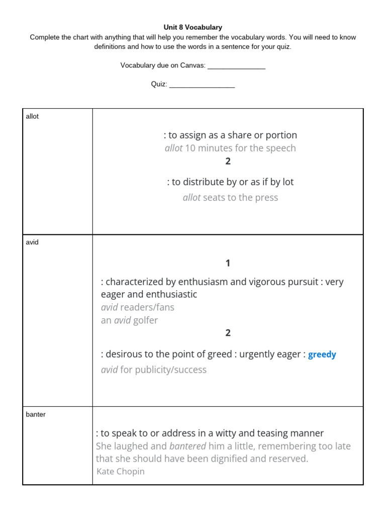 Copy of Vocabulary Unit 8 | PDF | Endurance