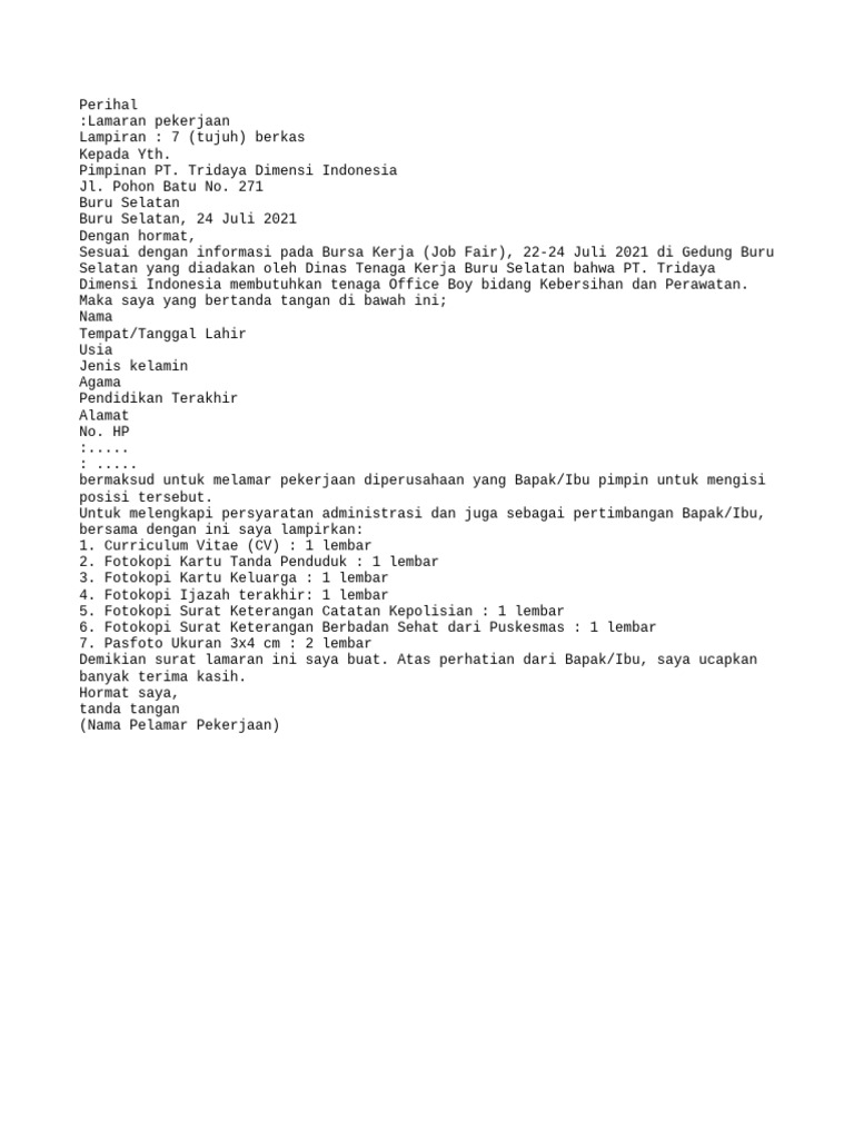 Contoh Surat Lamaran Kerja Untuk Office Boy (Fresh Graduate) Berdasarkan Informasi Dari Job Fair ...