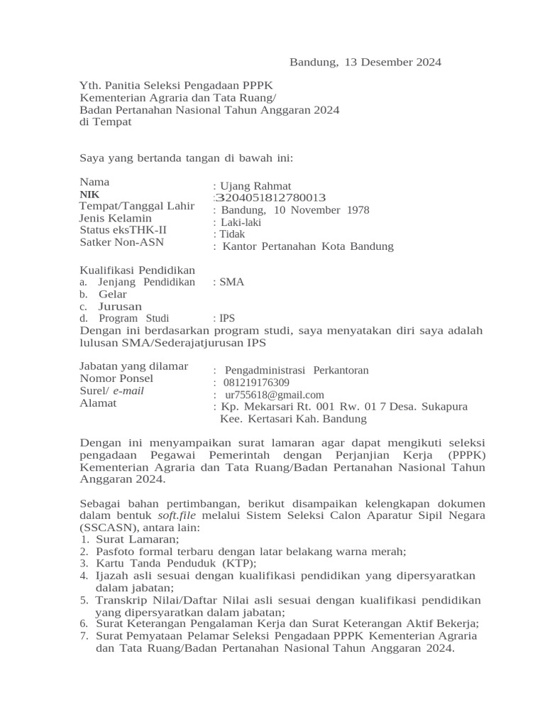 Surat Lamaran Ujang | PDF