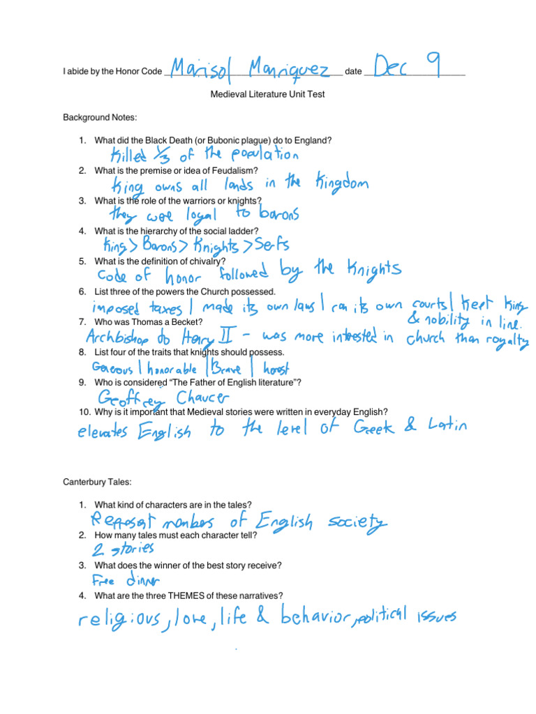 Medieval Literature Unit Test Guide | PDF