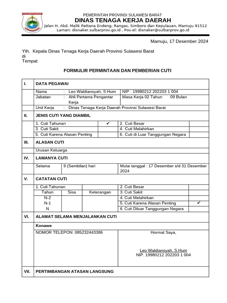 TEMPLATE FORMULIR CUTI Leo | PDF