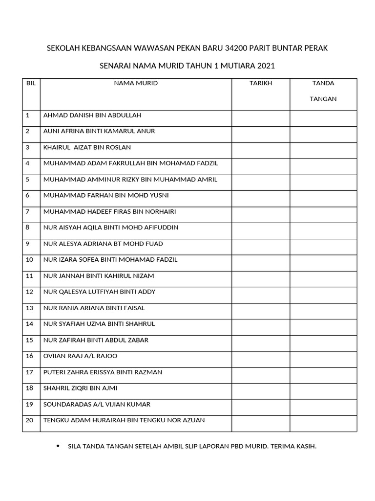 Senarai Nama Murid 1M PBD | PDF