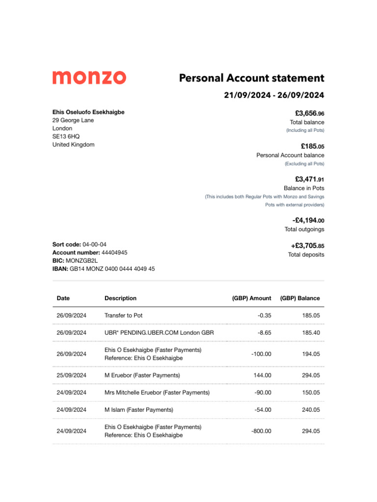 Monzo_bank_statement_2024-09-21-2024-09-26_4897 | PDF | Banking ...
