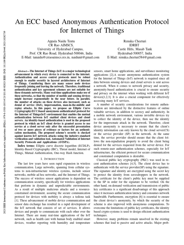 An ECC Based Anonymous Authentication Protocol For Internet of Things | PDF | Computer Network ...