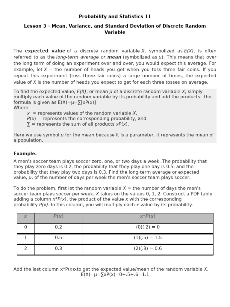 Mean and Variance of Discrete Probability Distribution | PDF | Expected Value | Standard Deviation