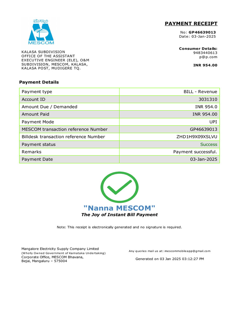 Nanna MESCOM Payment Receipt-3031310-3799596 | PDF | Receipt | Banking ...