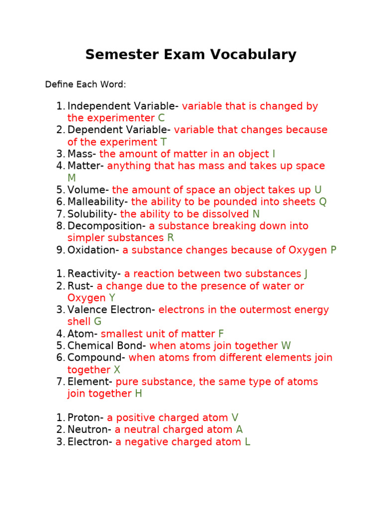 7th Grade Science Semester Exam Vocabulary Cheat Sheet ANSWER KEY | PDF