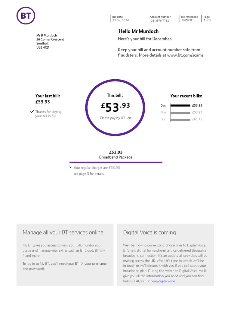 December 2024 BT Bill Summary | PDF | Cheque | Payments