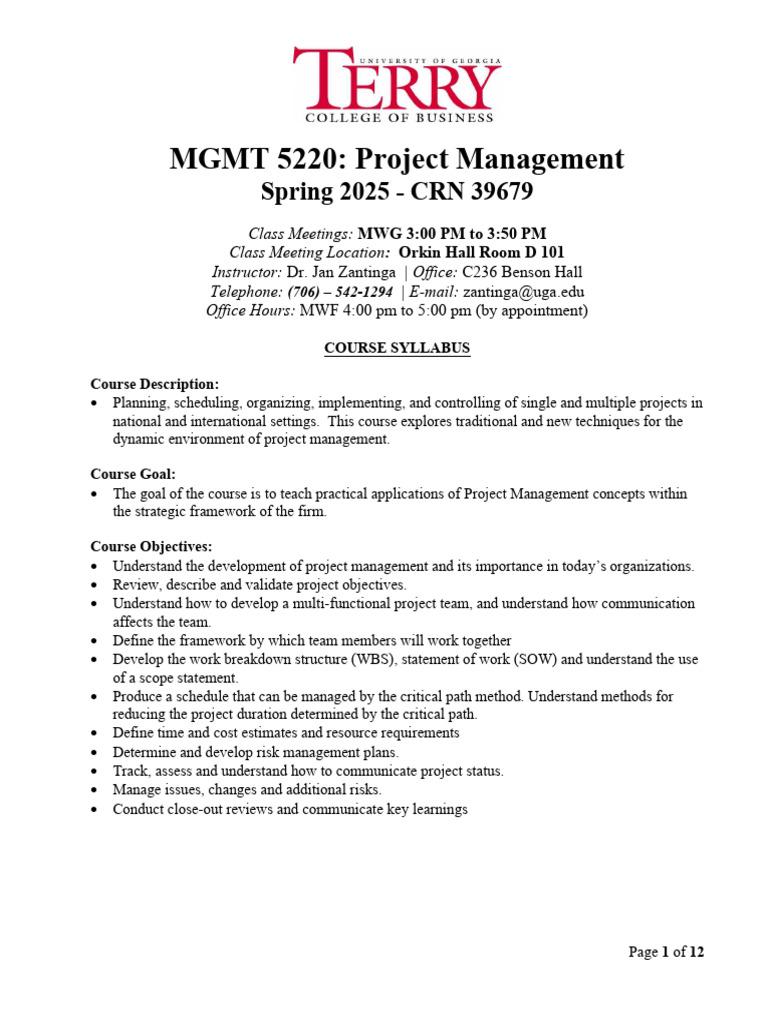 MGMT 5220 Syllabus - Spring 2025 V1 - Zantinga - 2024 - 12 - 28 CRN 39679 | PDF | Project ...