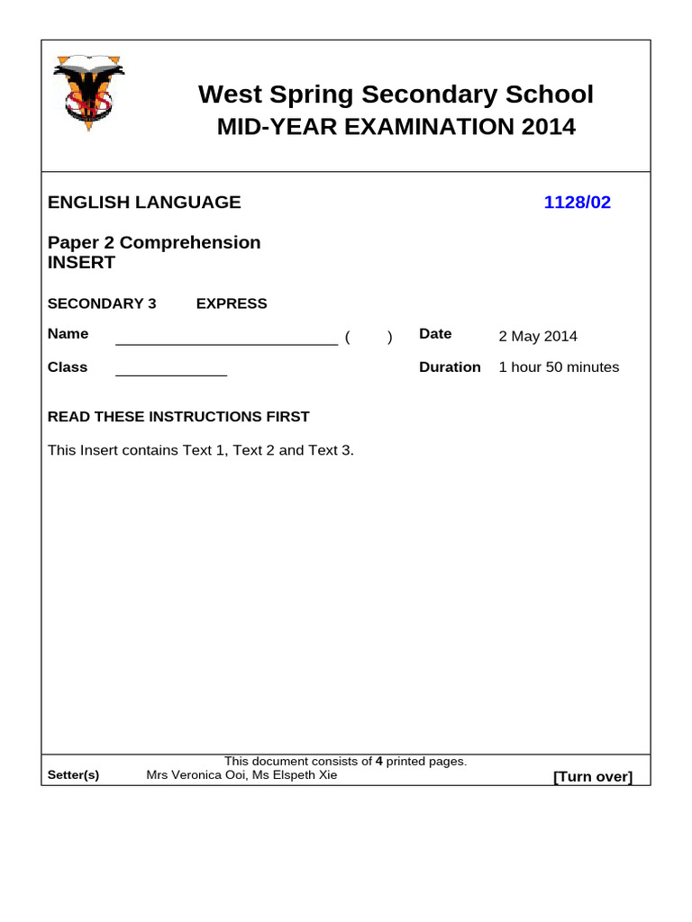 WSSS 2014 Mye 3exp Paper 2 Insert | PDF | Attachment Theory | Intimate Relationships
