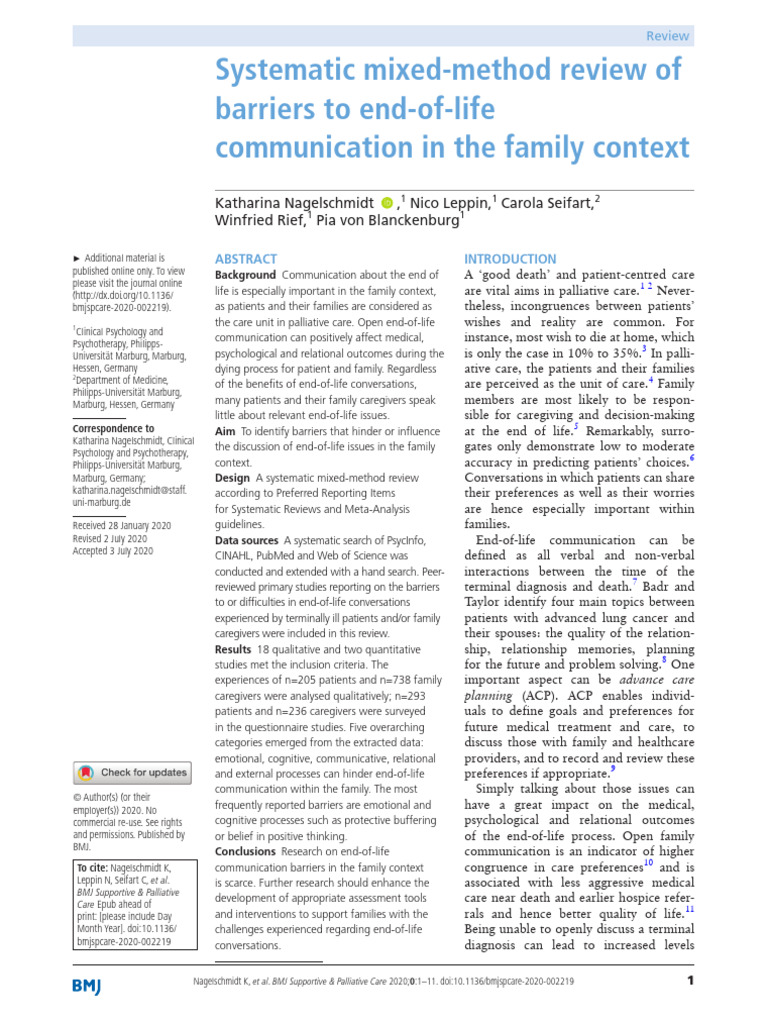 Systematic Mixed-Method of Barriers To End of Life Communication in The ...