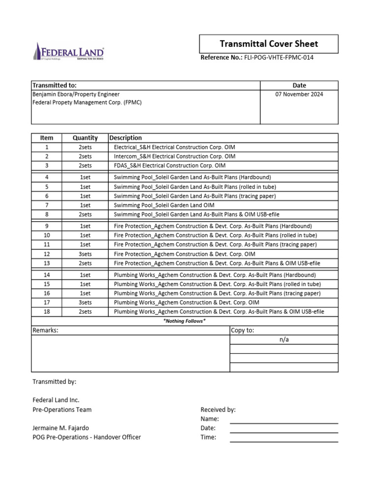 As-Built Plans and OIM Transmittal | PDF | Printing Materials | Paper
