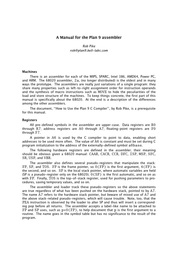 A Manual for the Plan 9 Assembler [Rob Pike] () | PDF | Assembly ...