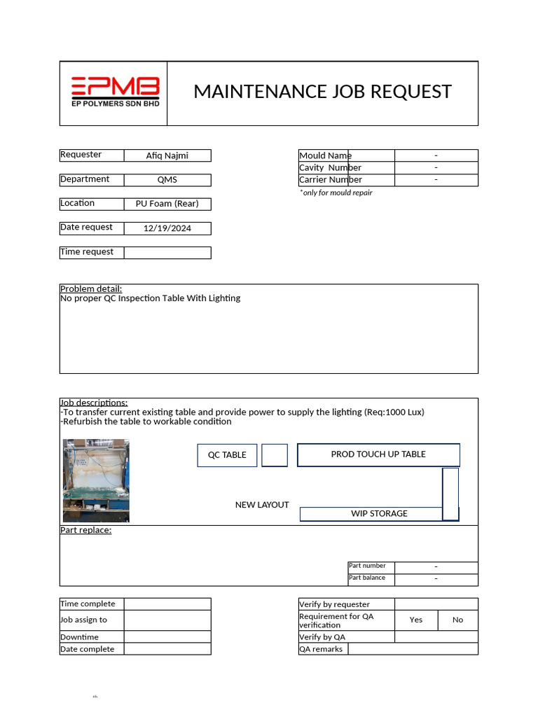 Maintenance Job Request (MJR) MNT-F-07 | PDF