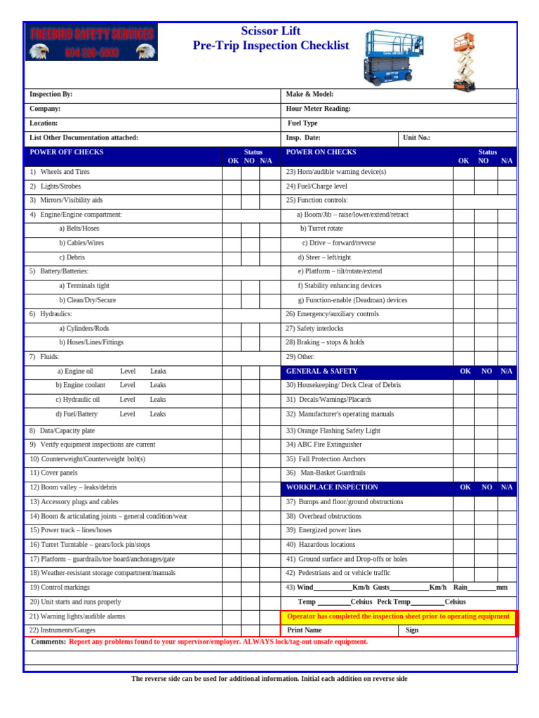 Scissor Lift Inspection Checklist | PDF | Land Vehicles | Vehicles