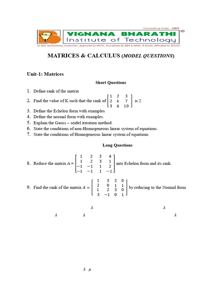 Model Questions of Matrices & Calculus 2024-25 | PDF | Eigenvalues And Eigenvectors | Matrix ...
