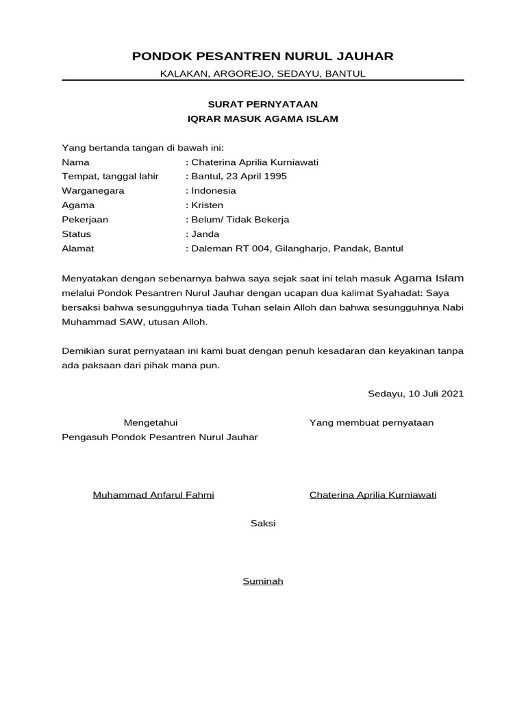 Surat Pernyataan - Rina (Janda) | PDF