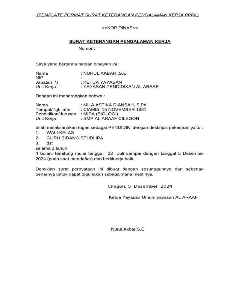 Format Surat Keterangan Pengalaman Kerja PPPK | PDF
