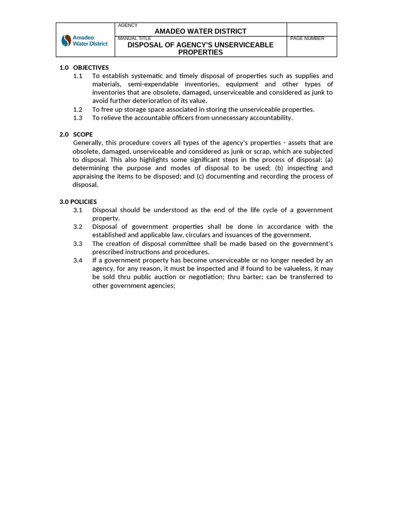 Disposal Procedures for Unserviceable Properties | PDF