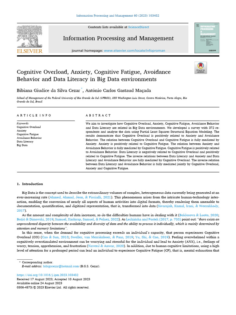 Cognitive Overload, Anxiety, Cognitive Fatigue, Avoidance Behavior and ...
