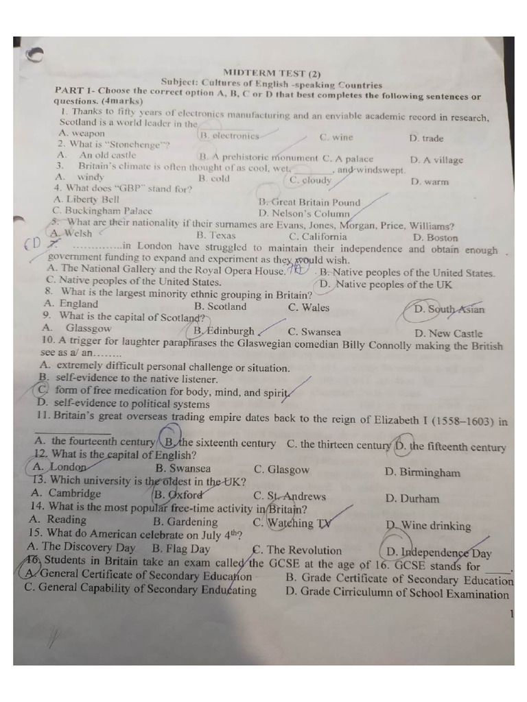 Midterm Van Hoa Cac Nuoc Noi Tieng Anh SGU CLC | PDF