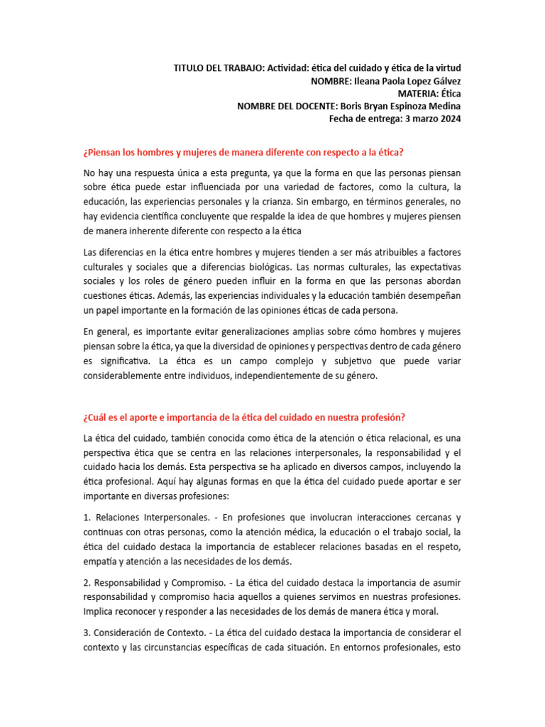 Etica Del Cuidado y Etica de La Virtud | PDF | Virtud | Moralidad