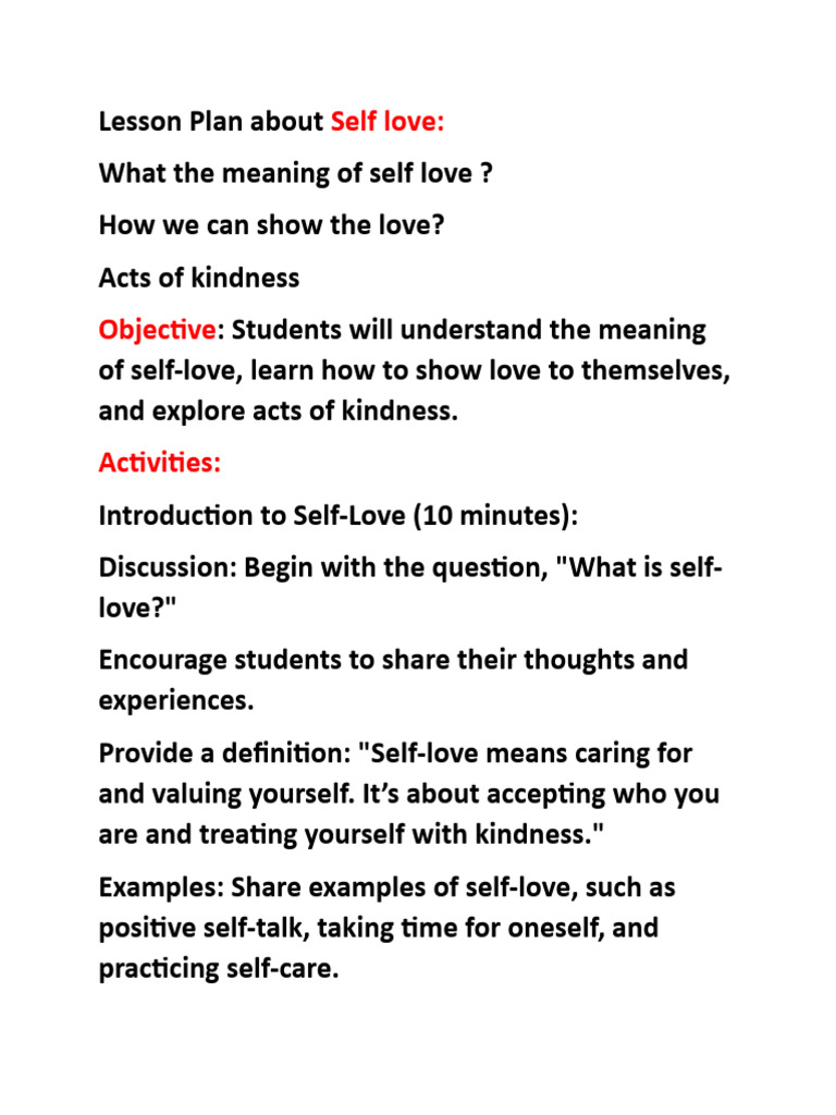 Lesson Plan About Self Love Charachter w10 | PDF