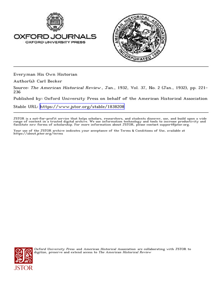 Everyman His Own Historian_Carl Becker | PDF | Knowledge | Memory
