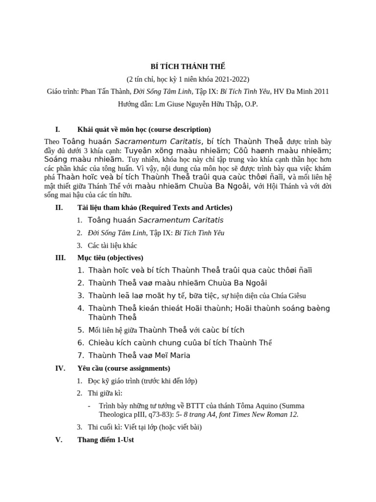 Syllabus Bí Tích Thánh Thể 2021-2022, Hki | PDF