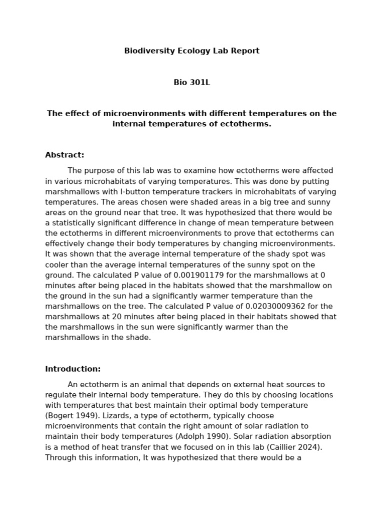 Biodiversity Ecology Lab Report-1 | PDF | Thermoregulation | Analysis ...