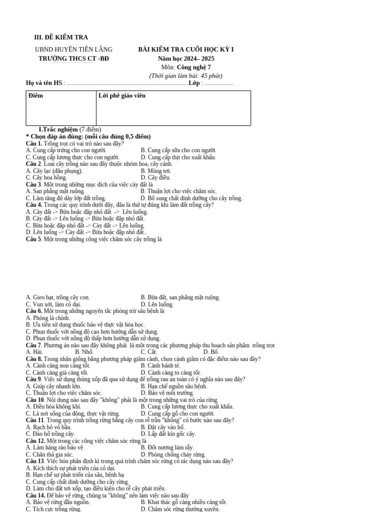 Đề KTCK I CN7 | PDF