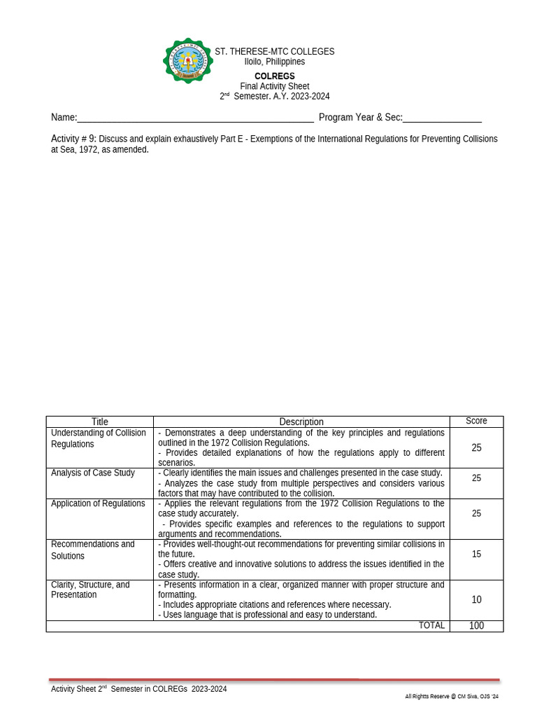 ColReg Final Activity Sheet | PDF | Port And Starboard | Ships