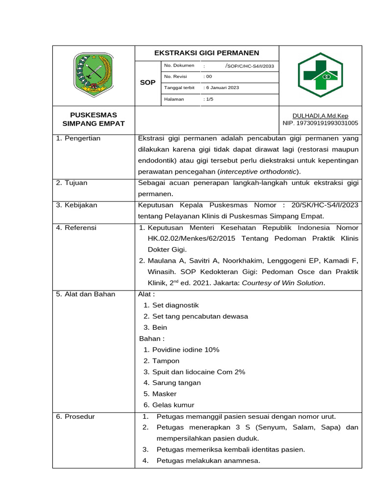 Sop Ekstraksi Gigi Permanen | PDF