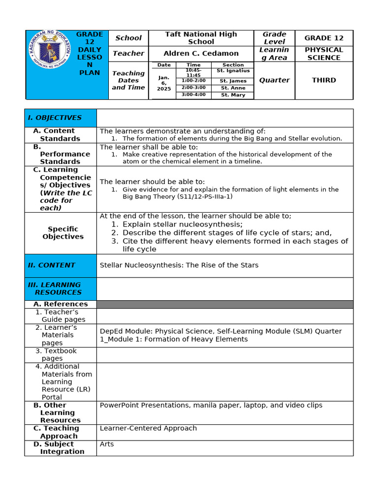 Lesson Plan Physical Science Module 1 | PDF | Chemical Elements | Learning