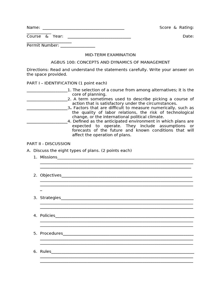 Mid-Term Exam With Answer Key - Concepts and Dynamics of Management ...