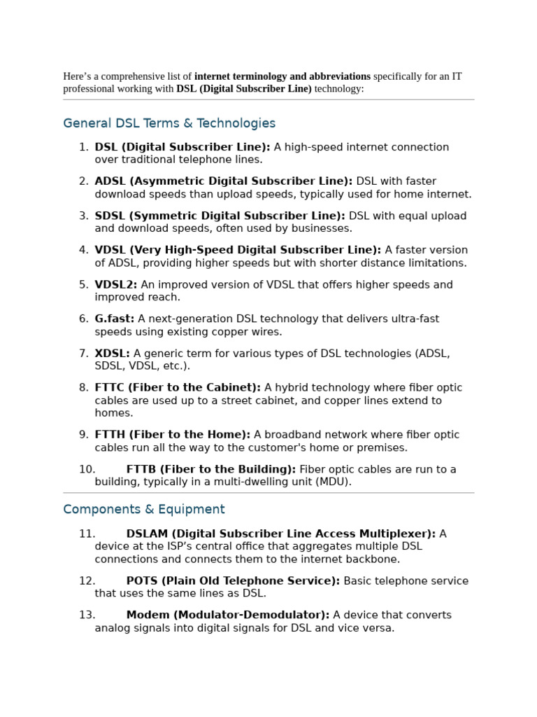 List of DSL Internet Abbreviation and Terminology | PDF | Digital Subscriber Line | Fiber To The X
