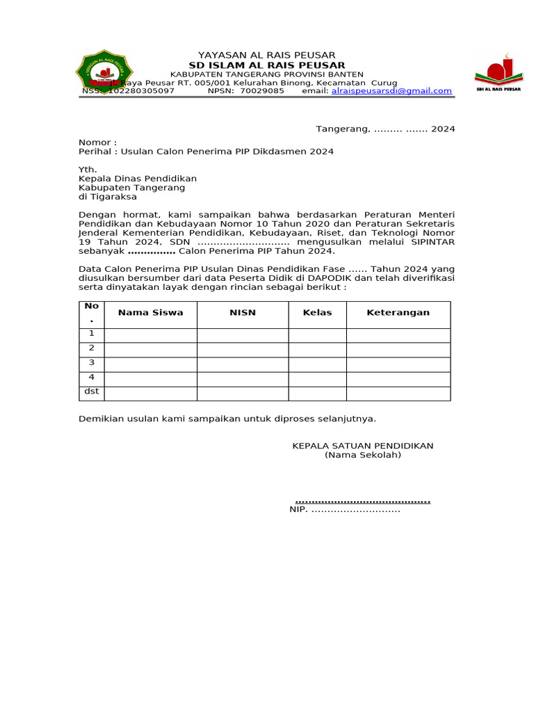 Surat Usulan Calon Penerima PIP Satuan Pendidikan | PDF