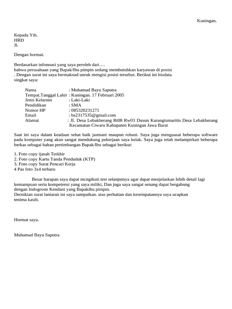 Lamaran Kerja Muhamad Bayu Saputra | PDF