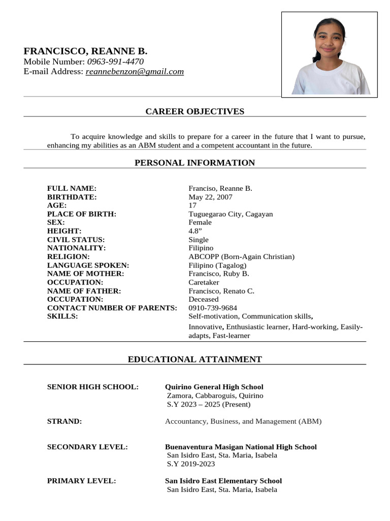 Reanne Francisco's ABM Student Profile | PDF | Philippines