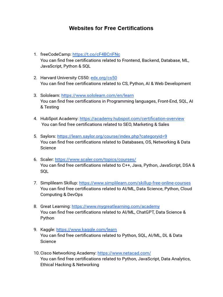 Free Certifications Websites | PDF