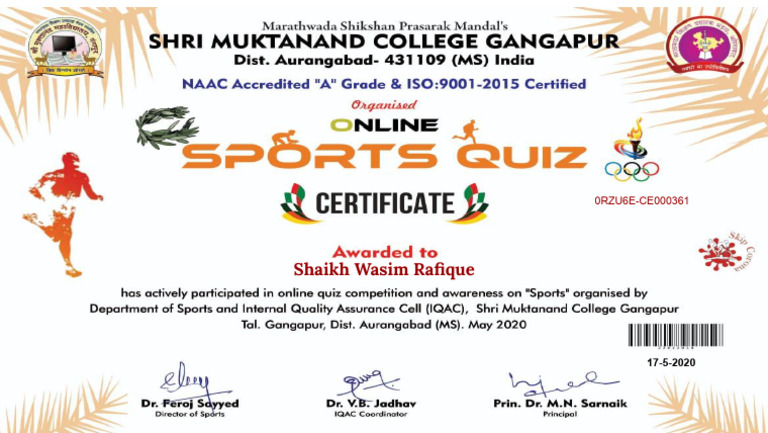 Certificate For Shaikh Wasim Rafique For - ONLINE SPORTS QUIZ | PDF
