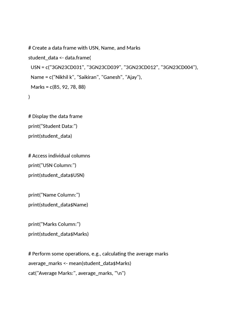 Create A Data Frame With USN, Name, Marks R Program | PDF