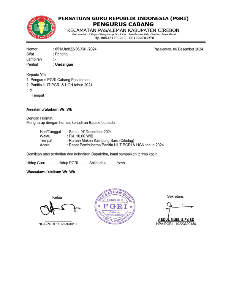 Surat PGRI No-51-PEMBUBARAN PANITIA HUT PGRI | PDF