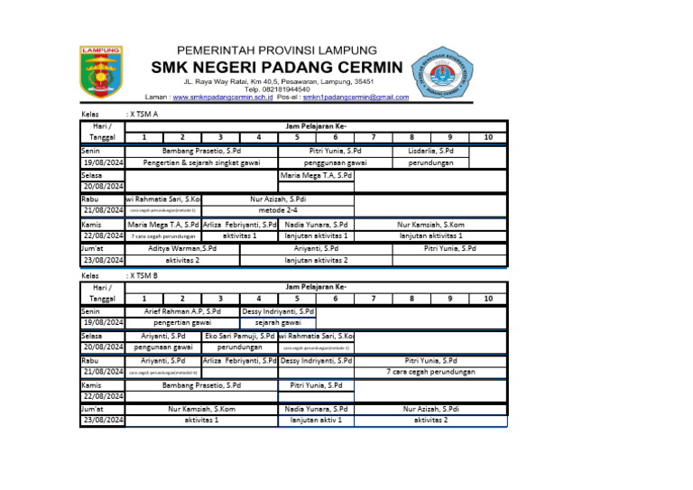 Jadwal Pelaksanaan Kelas X TSM | PDF