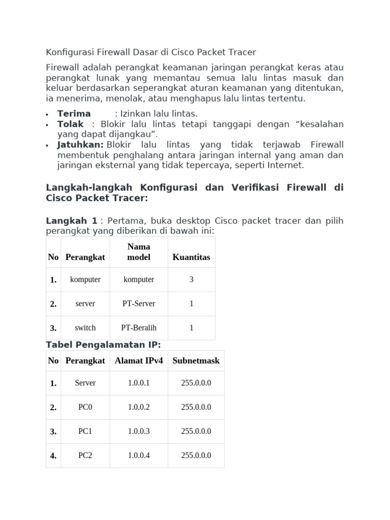 Konfigurasi Firewall Dasar Di Cisco Packet Tracer | PDF