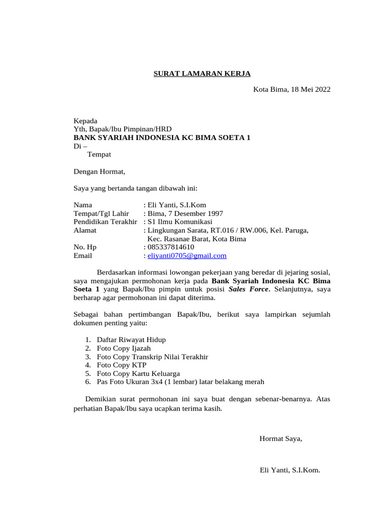 Surat Lamaran Kerja Eli Yanti Bsi | PDF