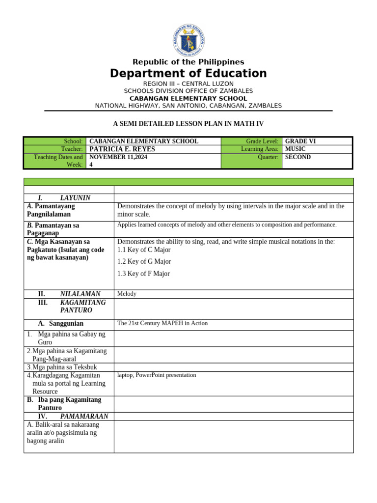 A Semi Detailed Lesson Plan in Music Vi | PDF