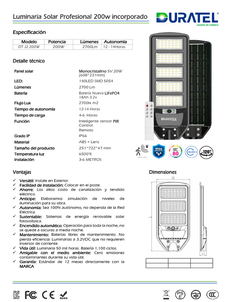 Luminaria Led Solar DT J2 200W Duratel | PDF