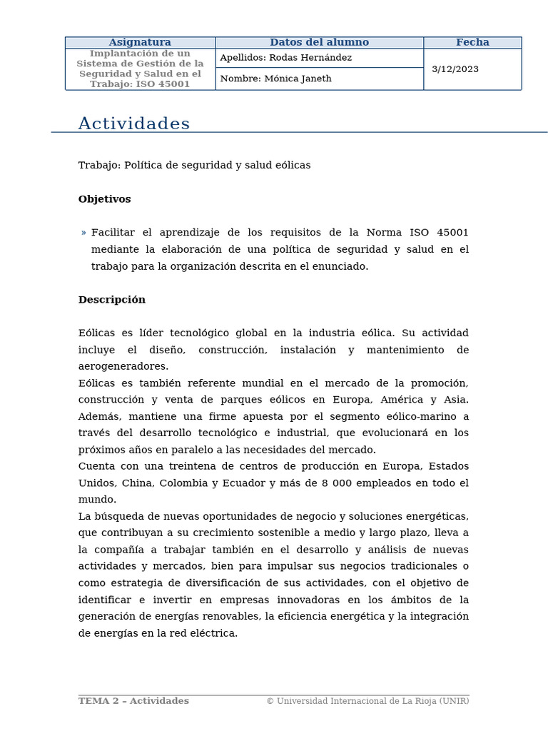 SGSS t2 Act Politica SST | PDF | Energía eólica | Valores