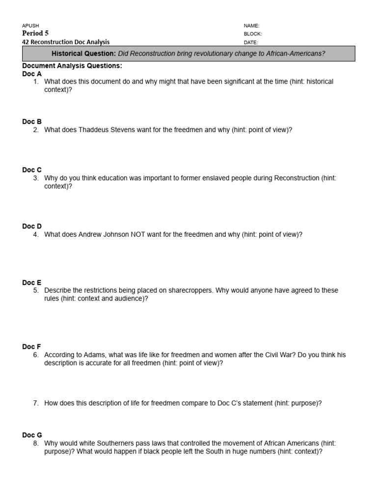 42-44 Reconstruction Doc Analysis - Socratic Seminar APUSH | PDF ...